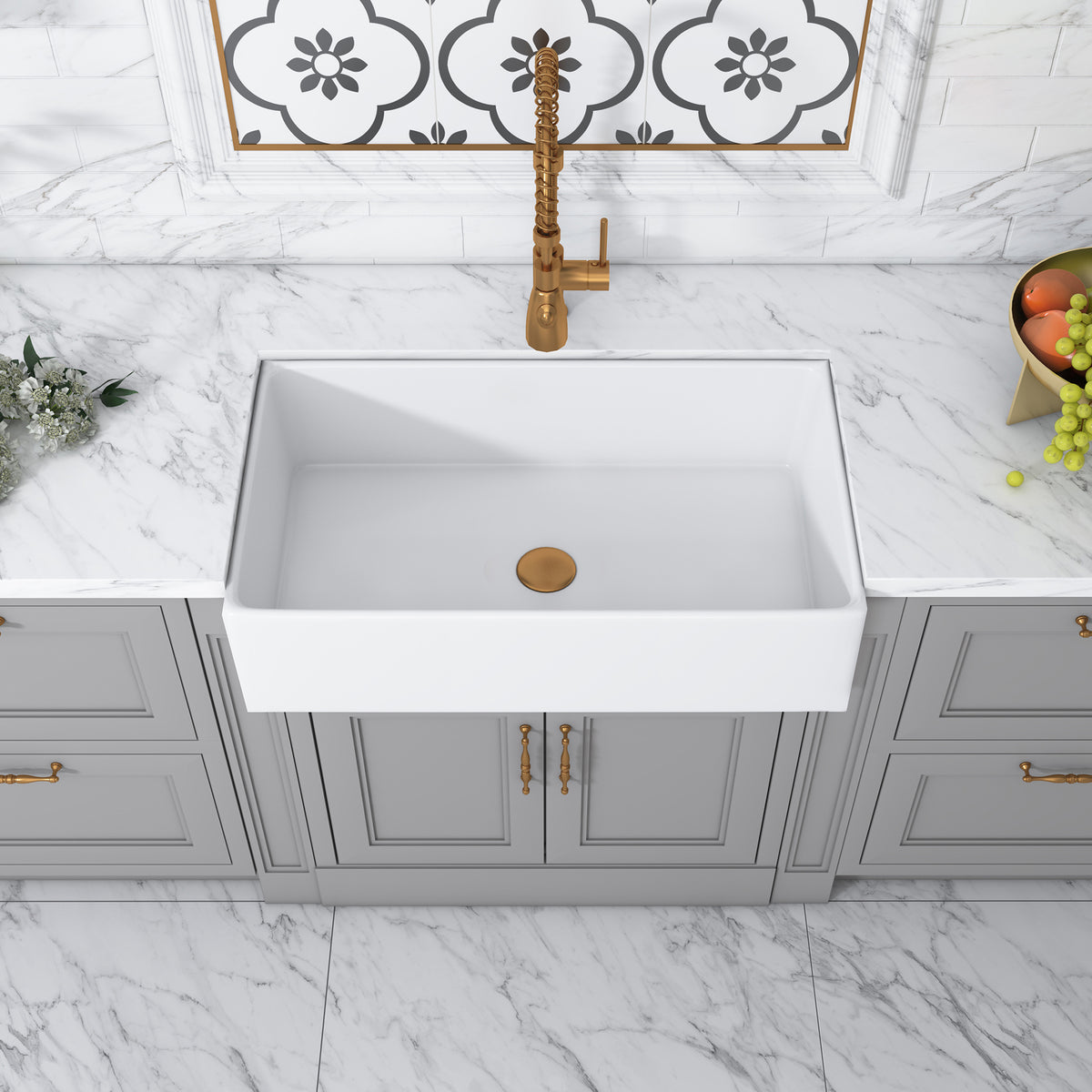Kosula Glossy White Ceramic Rectangular 36" L x 19.8" W Farmhouse Sink ...